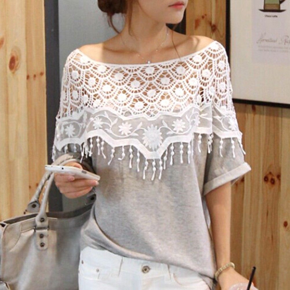 Womenss Lace Off Shoulder Batwing Loose Fit Tee (color Gray) on Luulla
